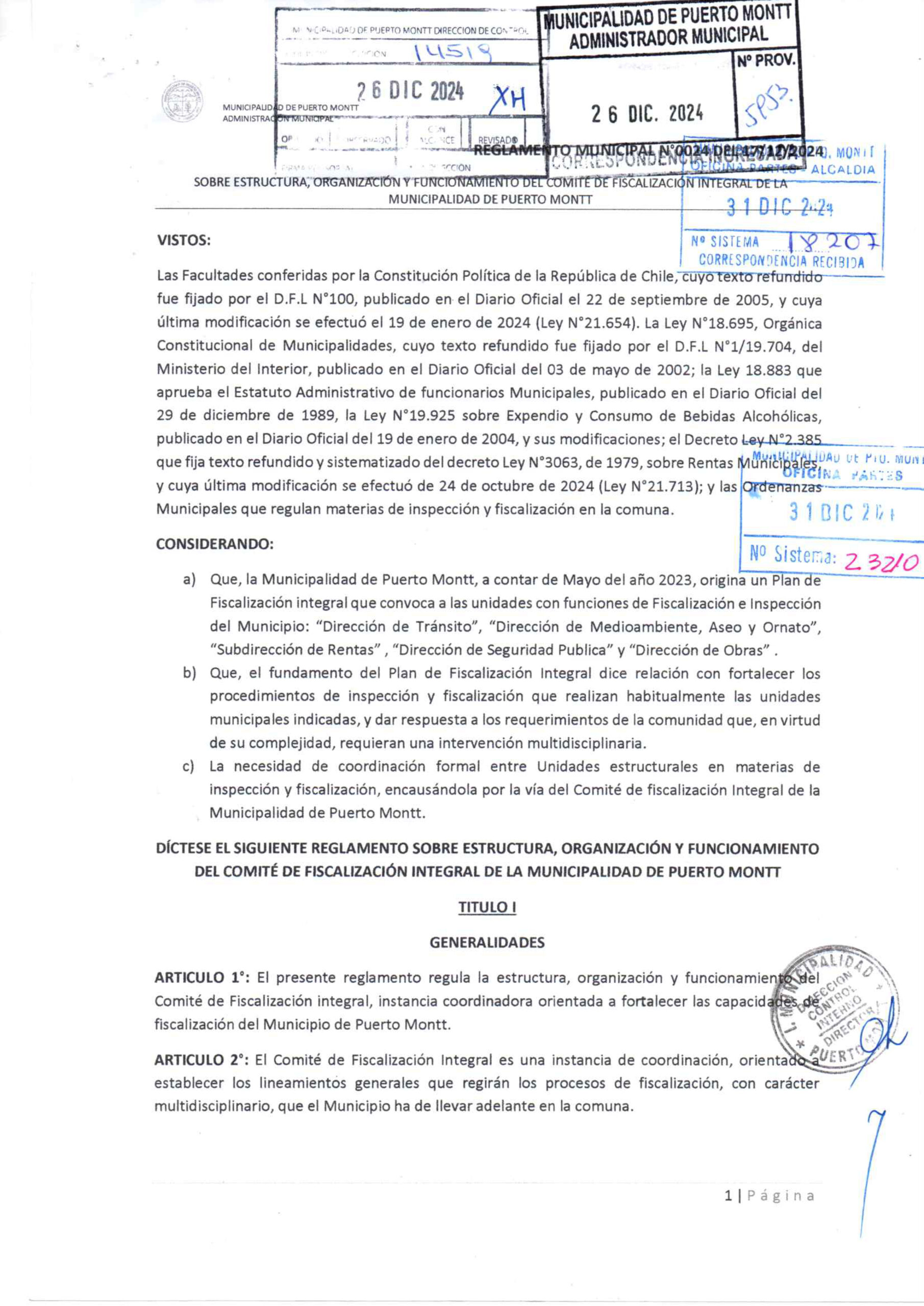 Reglamento N°0024 Comité de Fiscalización Integral / Administración ...